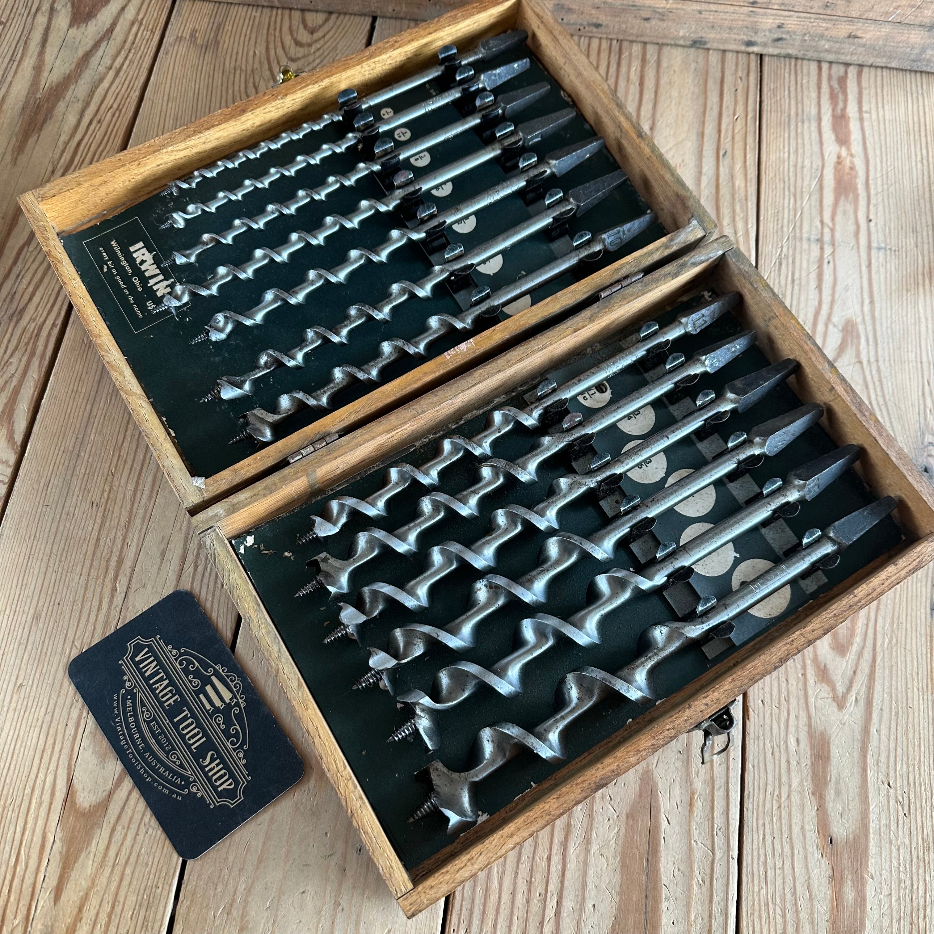 H1967 Vintage IRWIN USA made BOXED Set of 13 x wood drill BITS brace a ...
